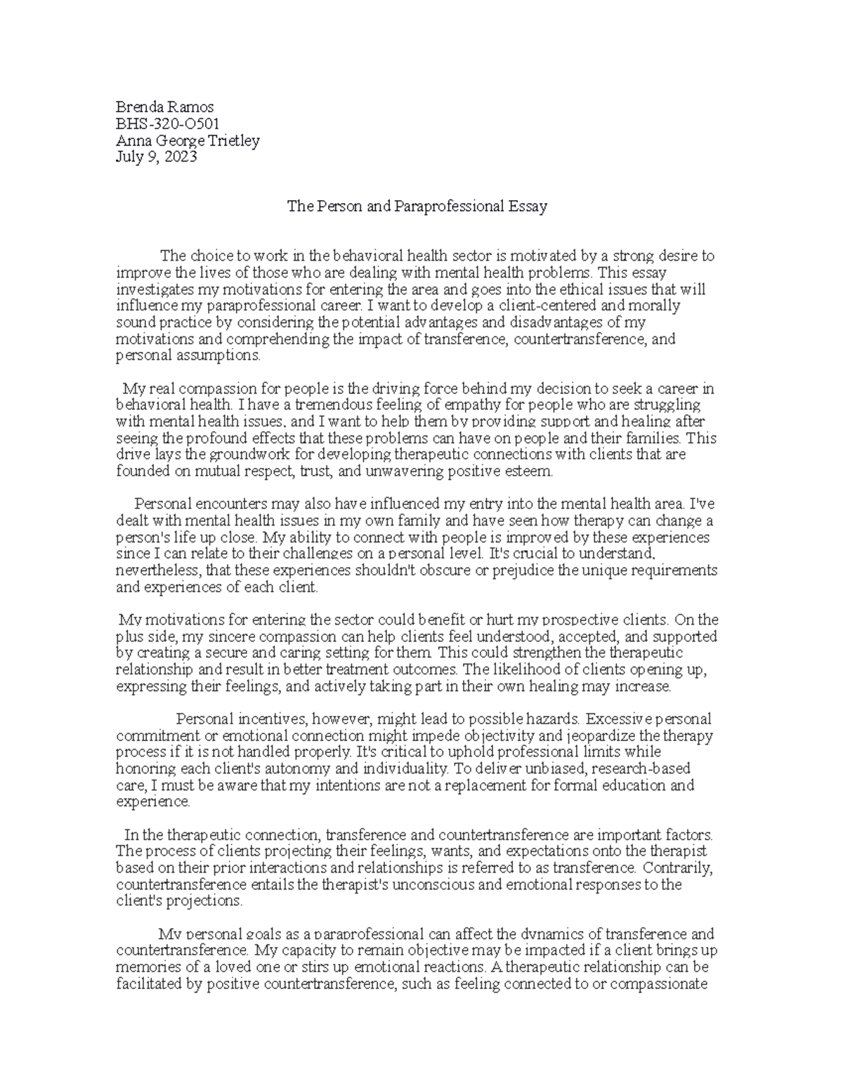 The Person and Praraprofessional Essay - BHS-240 - GCU - Studocu