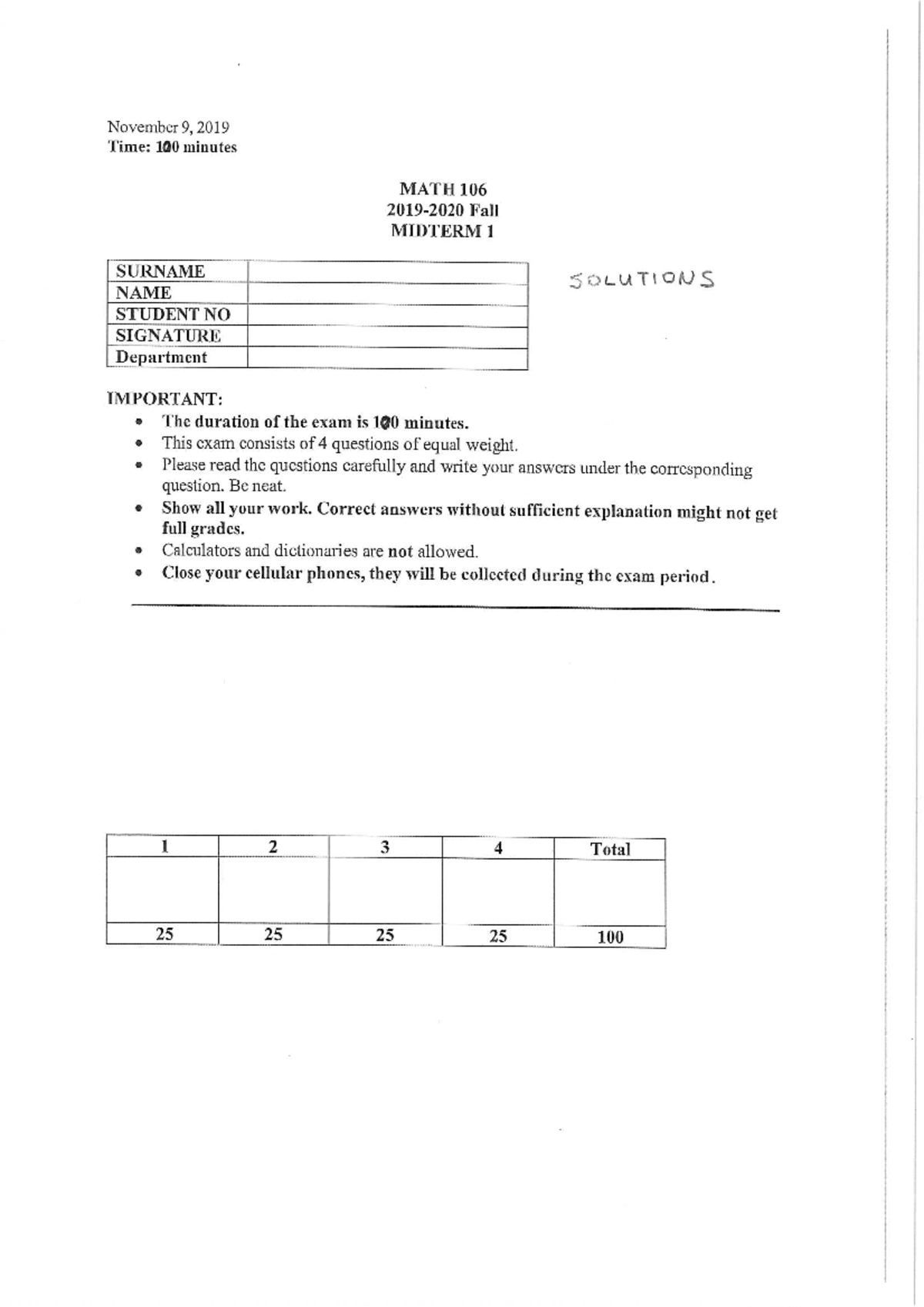 MATH 106 2019-20 Fall Midterm 1 Solutions - November 9, 2019 Time: 100 ...