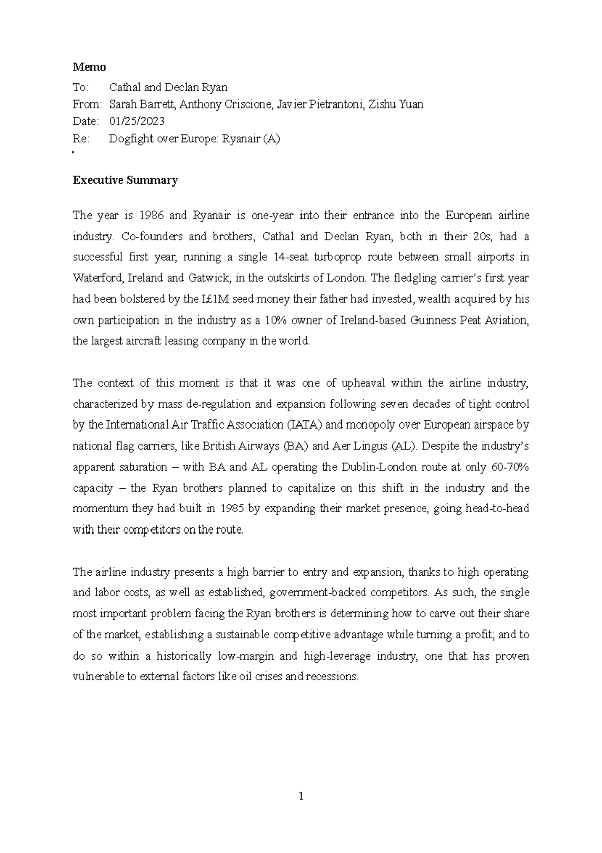 Ryanair Case Analysis - Group 7 - Submitted 1 - Memo To: Cathal and ...