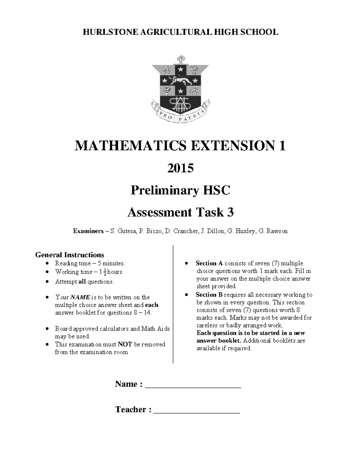 2015 P 3U - Hurlstone - Prelim Yearly Exam Paper - HURLSTONE ...