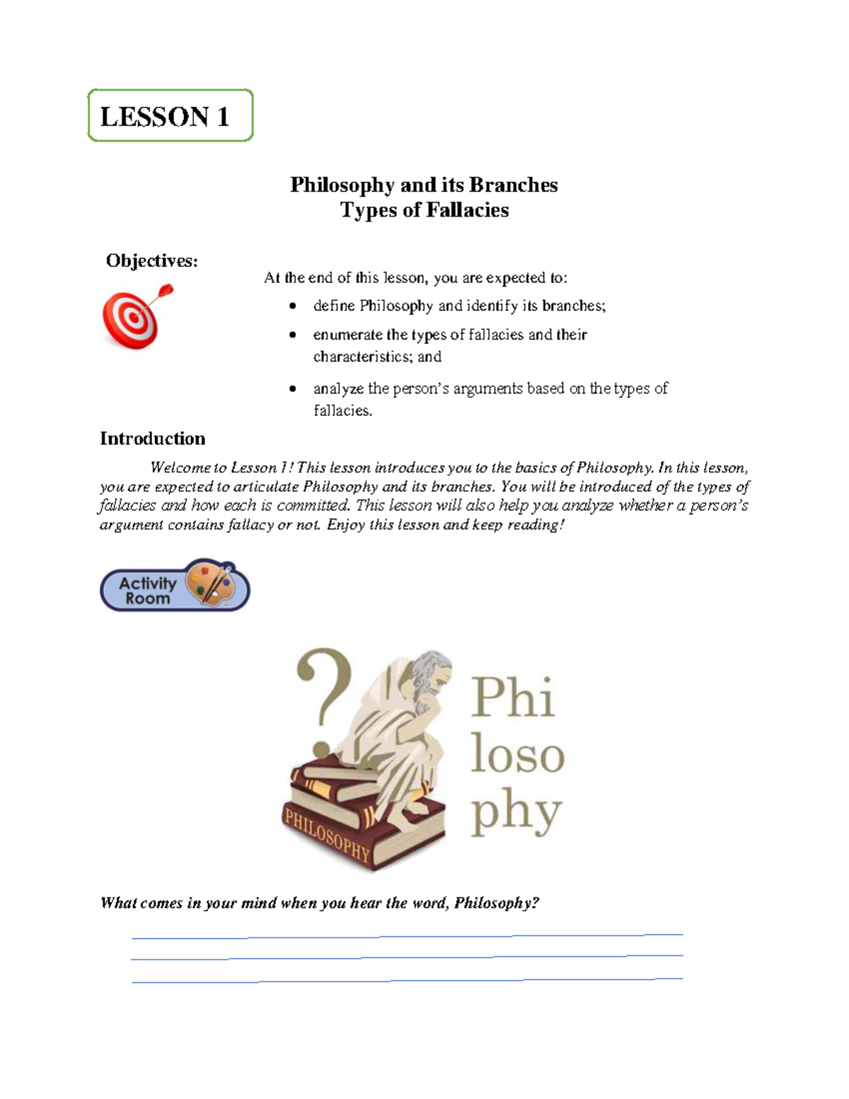 Module 1 Lesson 1 - LESSON 1 Philosophy and its Branches Types of ...