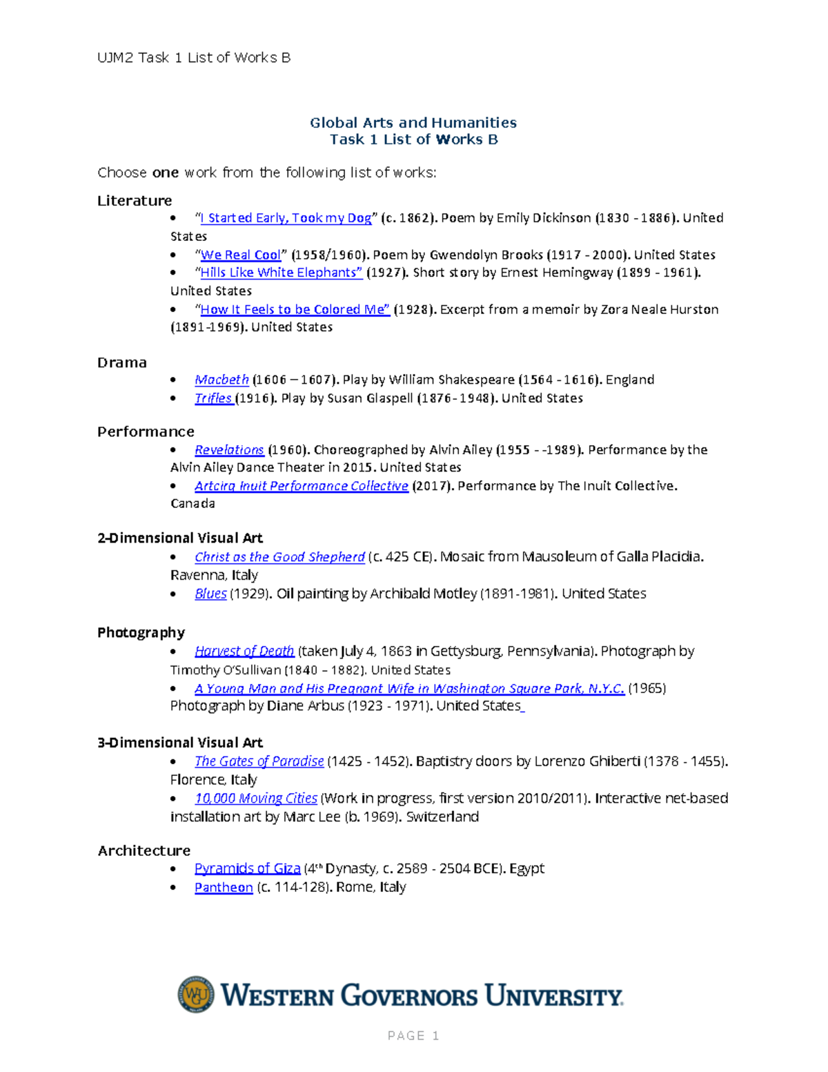 D198 Task 1 List B - UJM 2 Task 1 List of Works B P AGE 1 Global Arts and Humanities Task 1 List ...