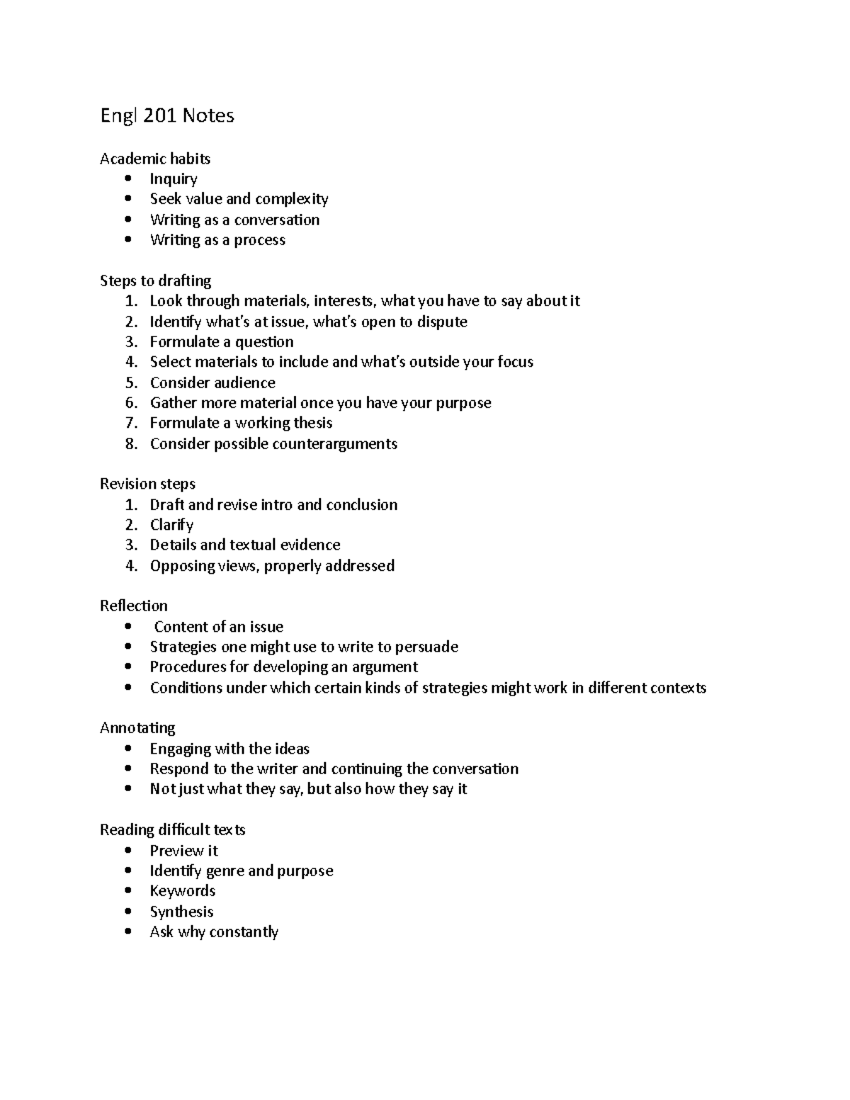 ENGL 201 Intro Notes - Engl 201 Notes Academic habits Inquiry Seek ...
