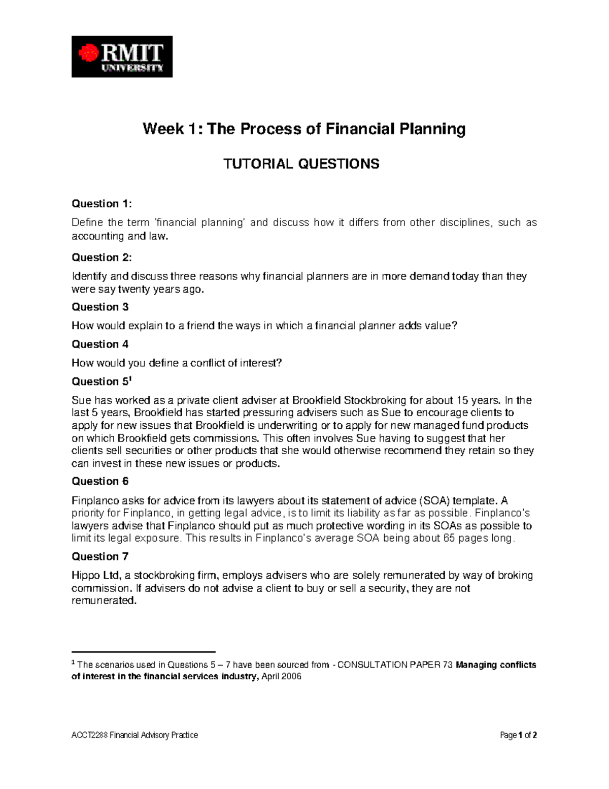 Wk 1 Topic 1 Tut Questions - Week 1: The Process of Financial Planning ...