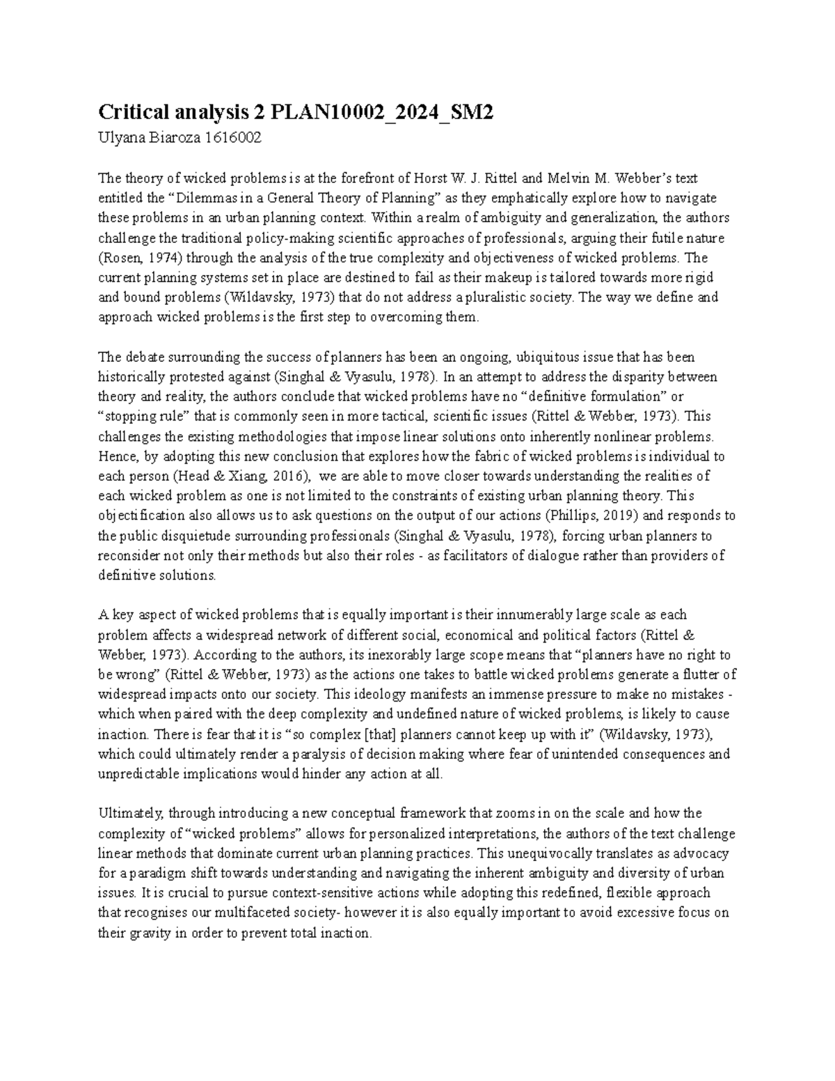 Critical Analysis 2 - Critical analysis 2 PLAN10002_2024_SM Ulyana ...