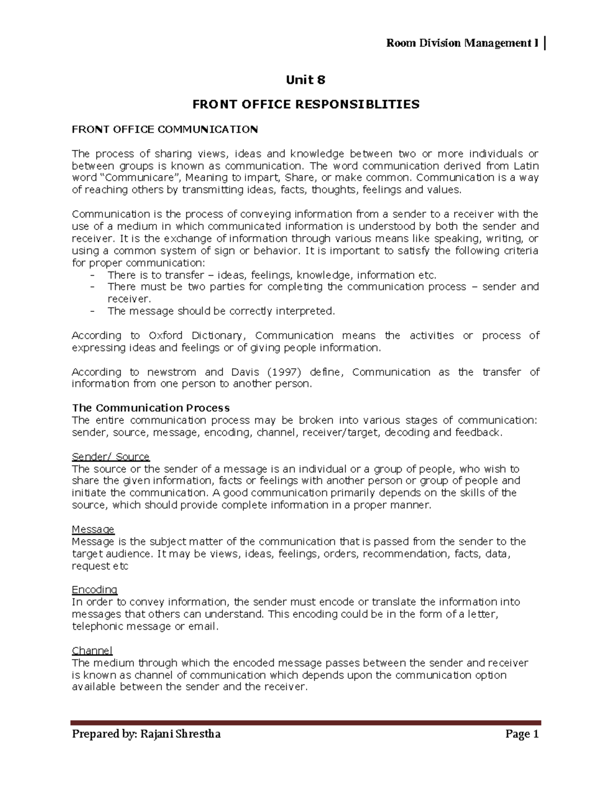 RDM-Unit-8 - Front Office Responsibilities - Unit 8 FRONT OFFICE ...