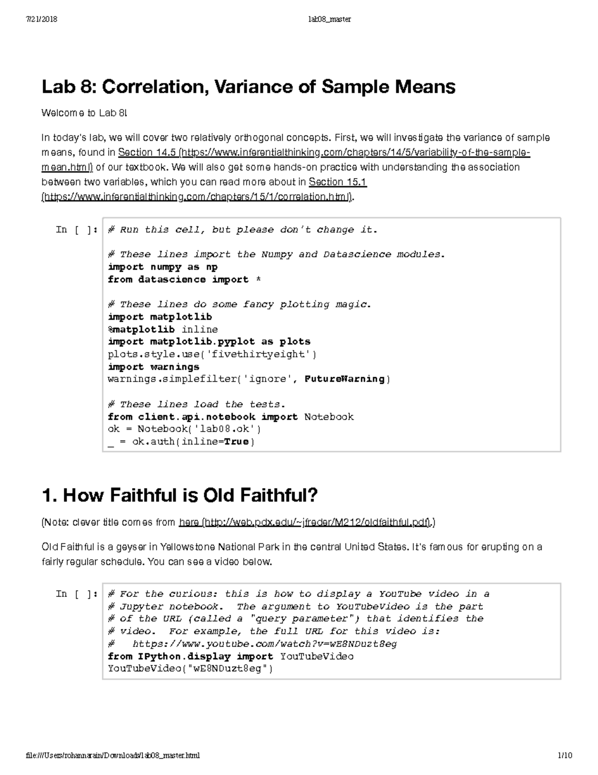 Lab08 solutions - Lab 8: Correlation, Variance of Sample Means Welcome ...