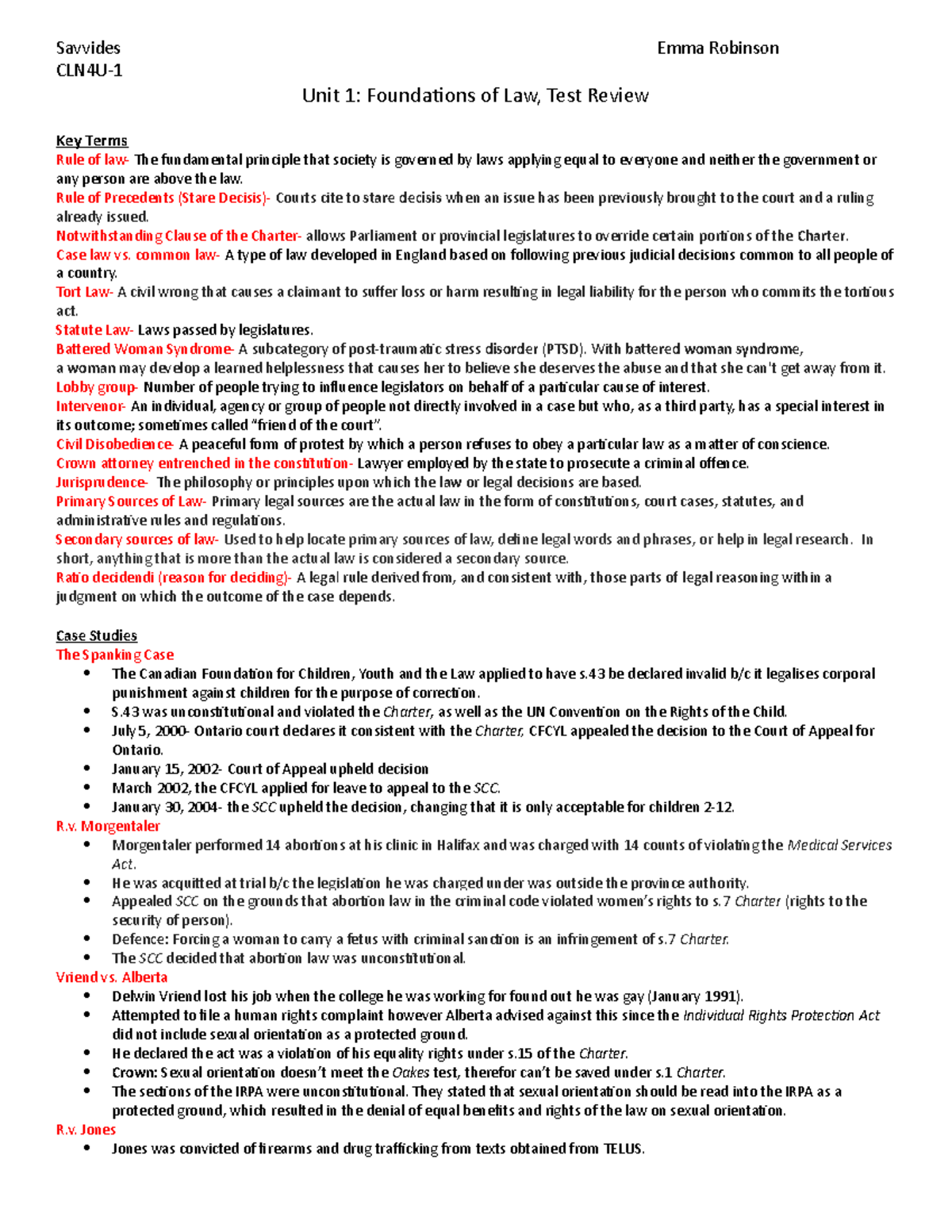 Law unit 1 test review 2018 - Savvides Emma Robinson CLN4U- Unit 1 ...