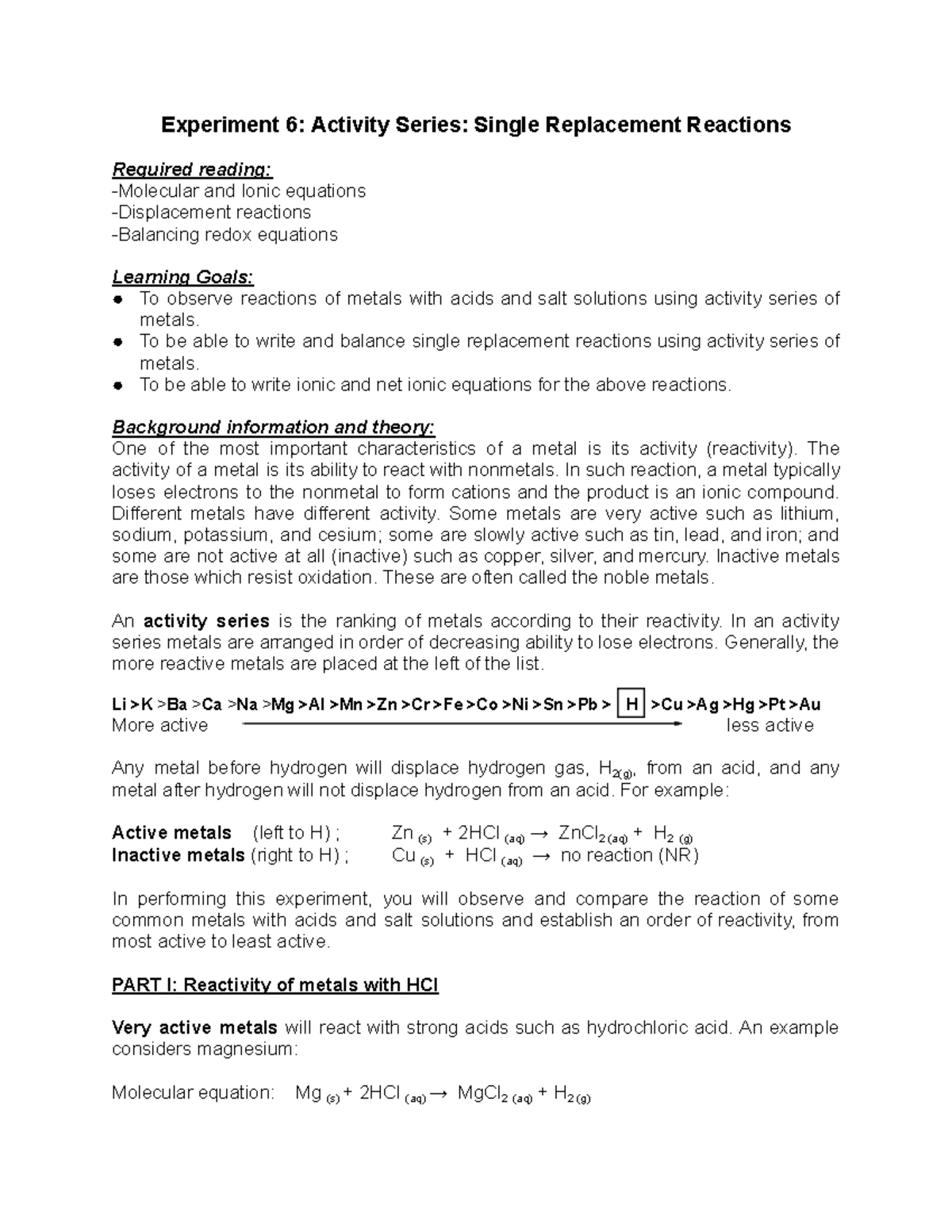 Experiment 6- Activity Series - To be able to write and balance single ...
