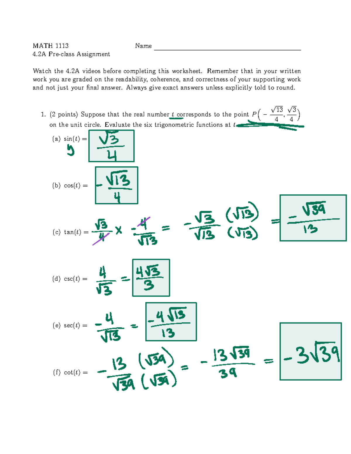 4.2 Lecture Notes - MATH 1113 4 Pre-class Assignment Name Watch the 4 ...