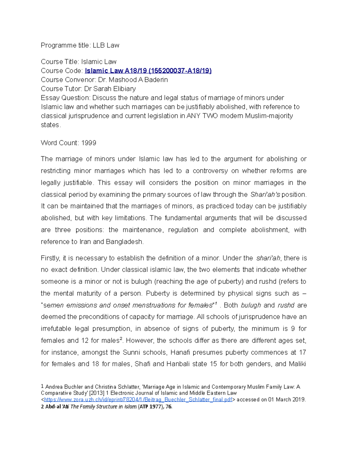 Marriage of minors first class - Programme title: LLB Law Course Title ...