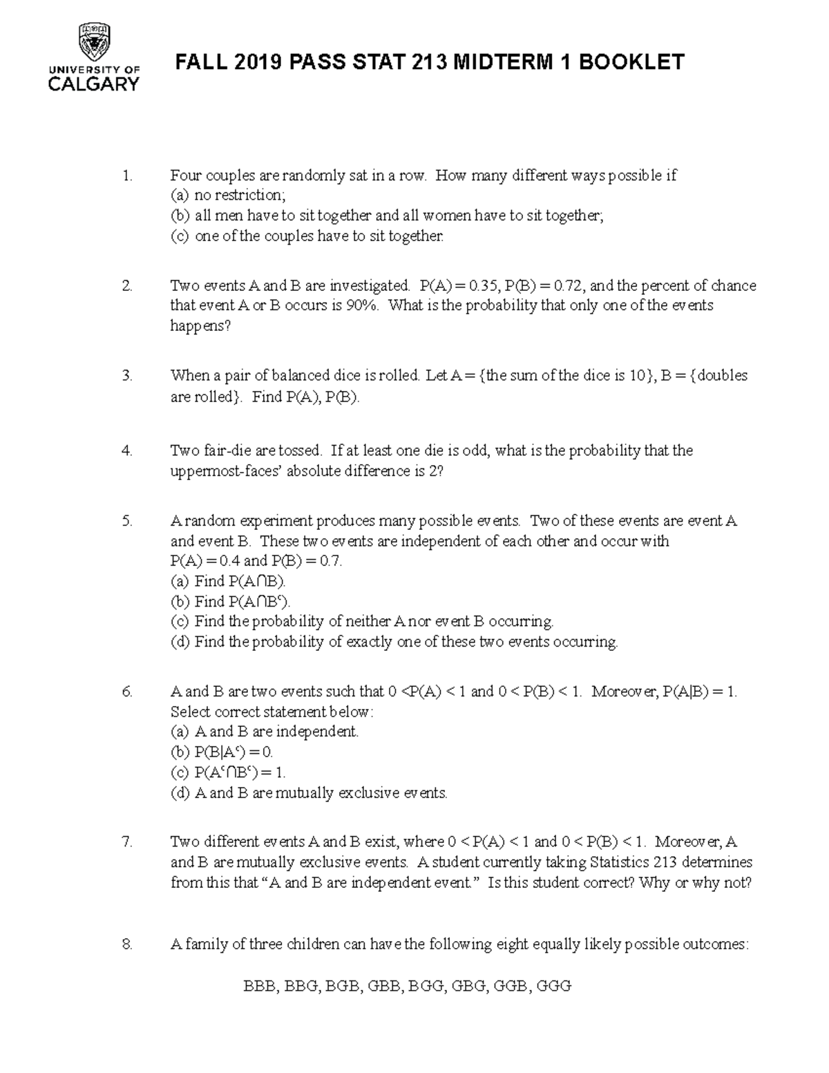 Fall 2019 STAT 213 Midterm 1 Prep - FALL 2019 PASS STAT 213 MIDTERM 1 BOOKLET Four couples are ...
