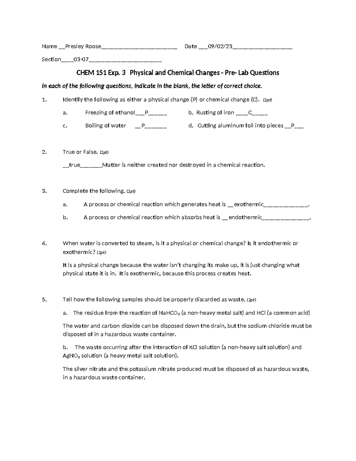 Experiment 3 Chem Pre-Lab Questions - Name Presley Roose ...