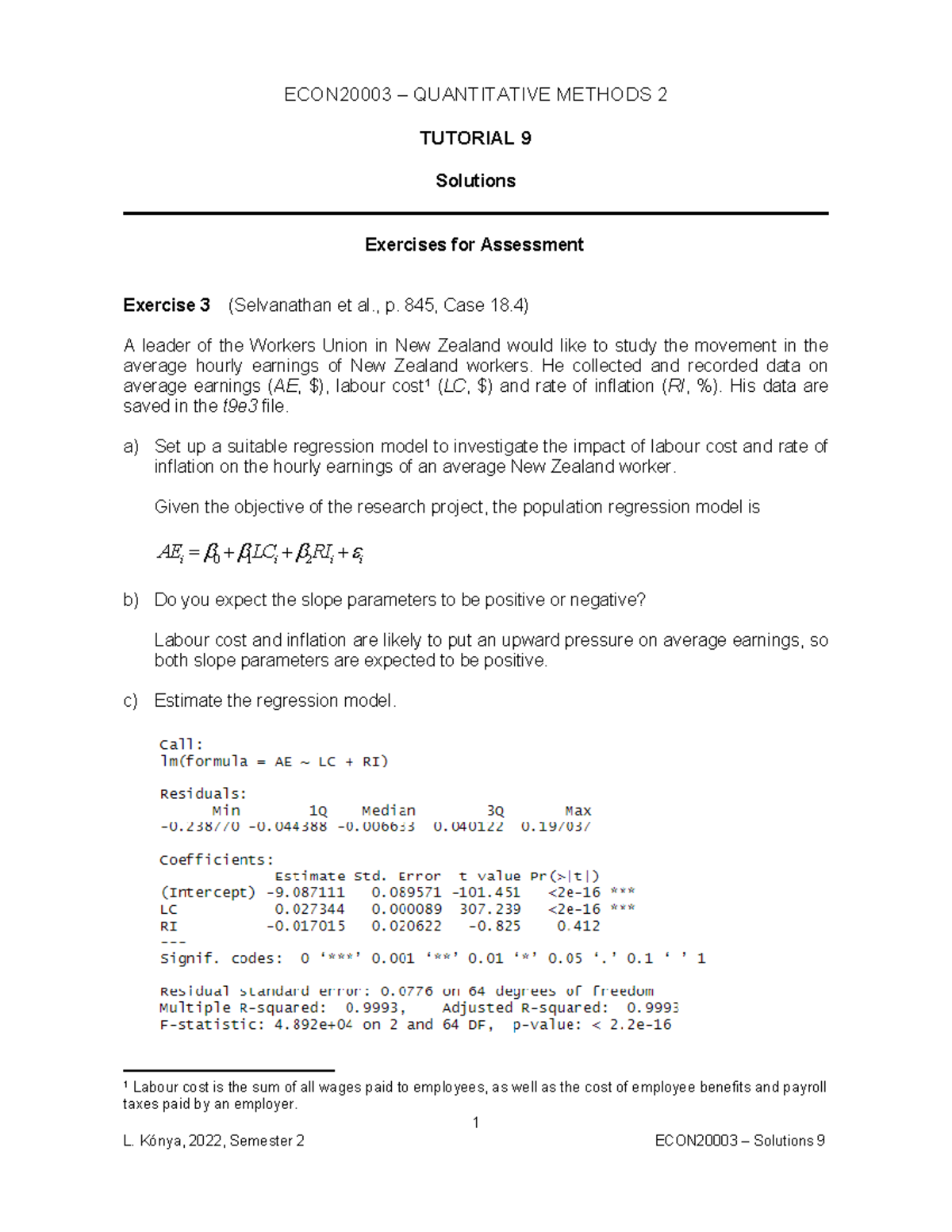 Tutorial 9 solutions - 1 ECON20003 – QUANTITATIVE METHODS 2 TUTORIAL 9 ...
