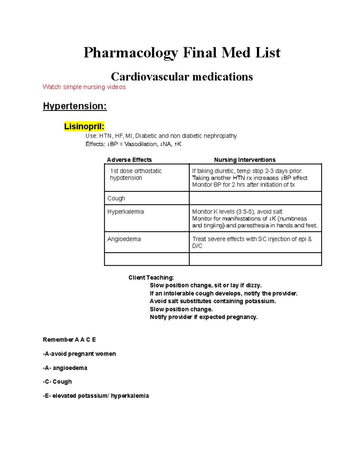 Final Med List - practice for exams - Pharmacology Final Med List ...