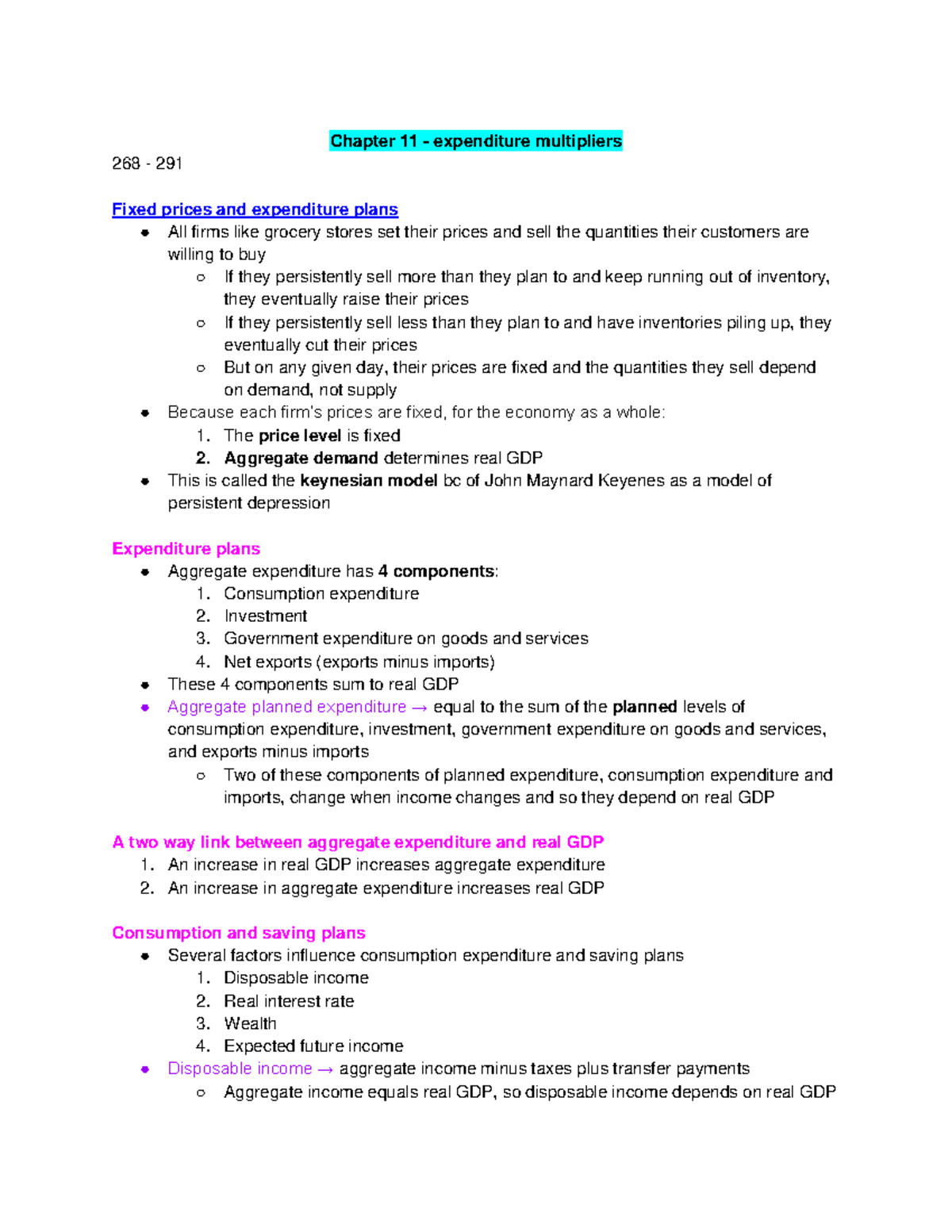 Chapter 11 econ notes 1022 (detailed) - Chapter 11 - expenditure ...