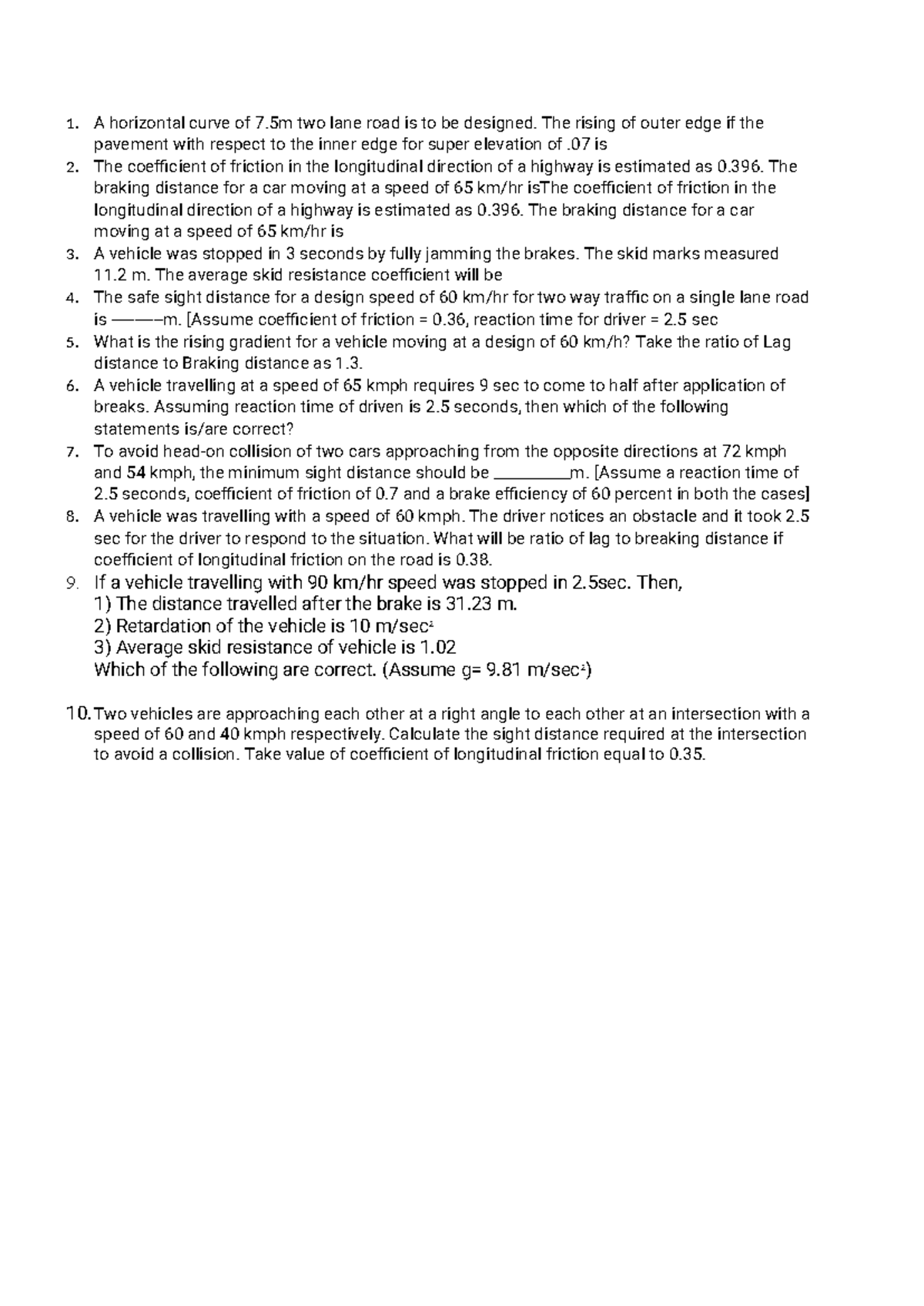 Ssd questions - use full for commpetative exams - 1. A horizontal curve ...