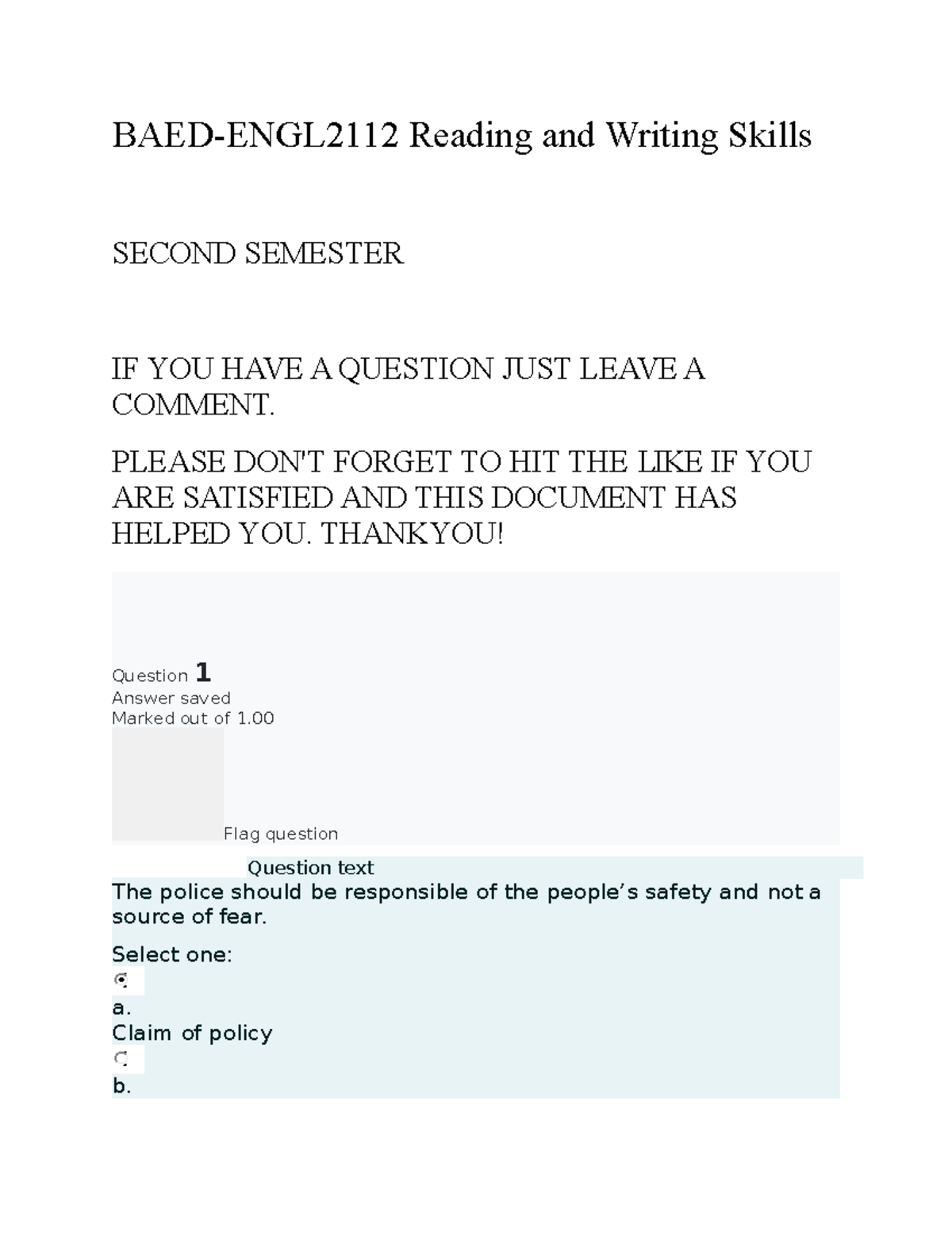 ENGL 2112 Second SEM - BAED-ENGL2112 Reading and Writing Skills SECOND ...