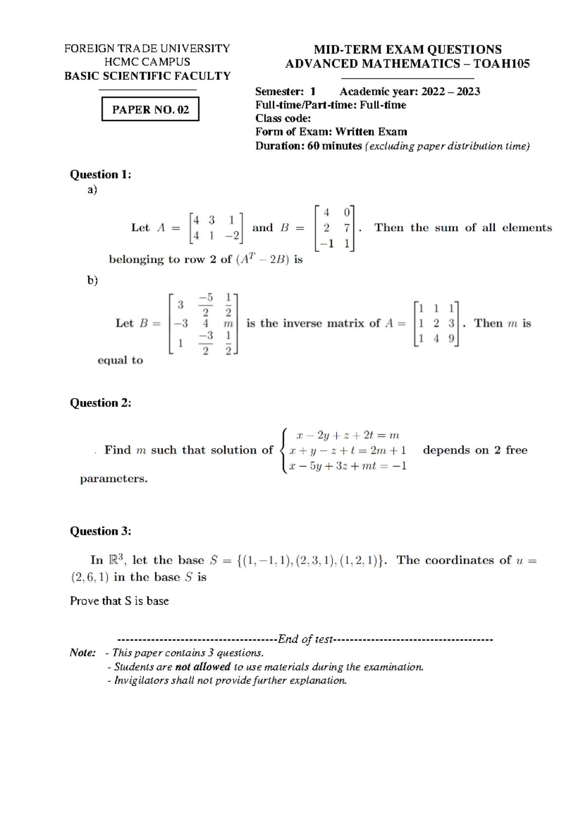 Advanced Maths No2 - Mid-term - FOREIGN TRADE UNIVERSITY HCMC CAMPUS BASIC SCIENTIFIC FACULTY ...
