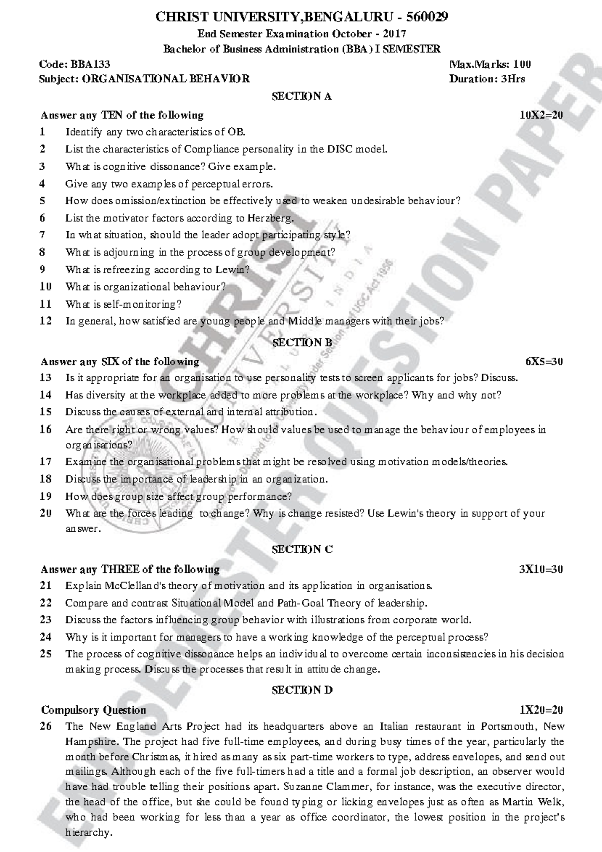 BBA133 - sample paper - CHRIST UNIVERSITY,BENGALURU - 560029 End ...