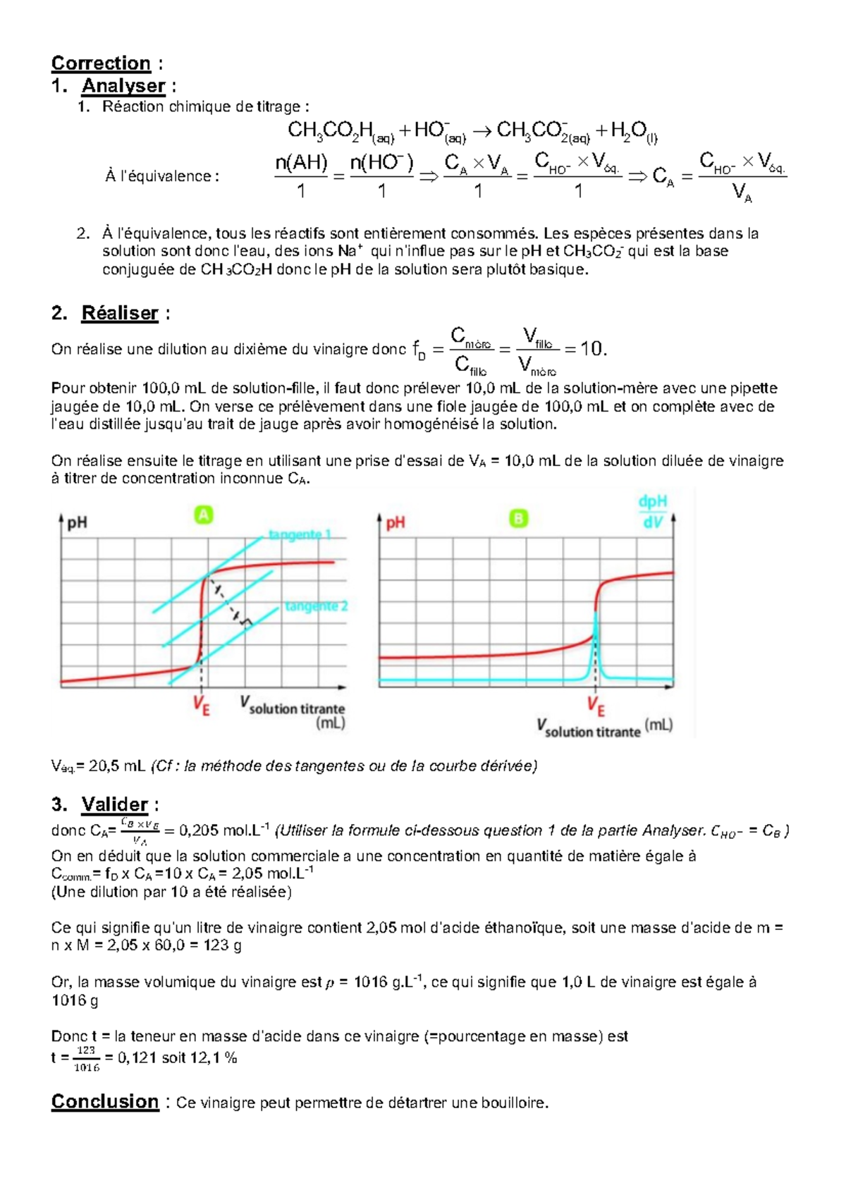 Correction TP titrage PH - Correction : 1. Analyser : 1. Réaction ...