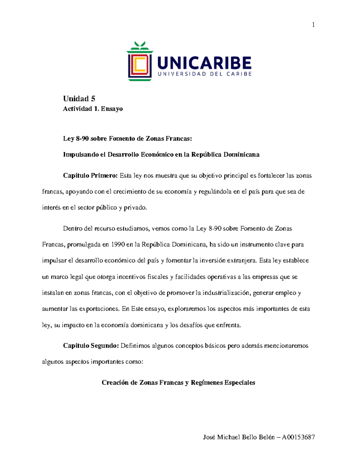 Ley 8-90 sobre Fomento de Zonas Francas - Ensayo - Unidad 5 Actividad 1 ...