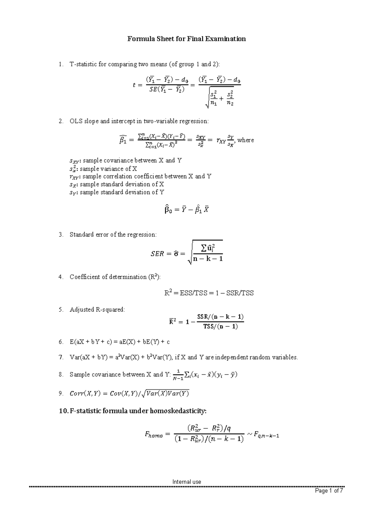 Formula Sheet for Final Examination - T-statistic for comparing two ...