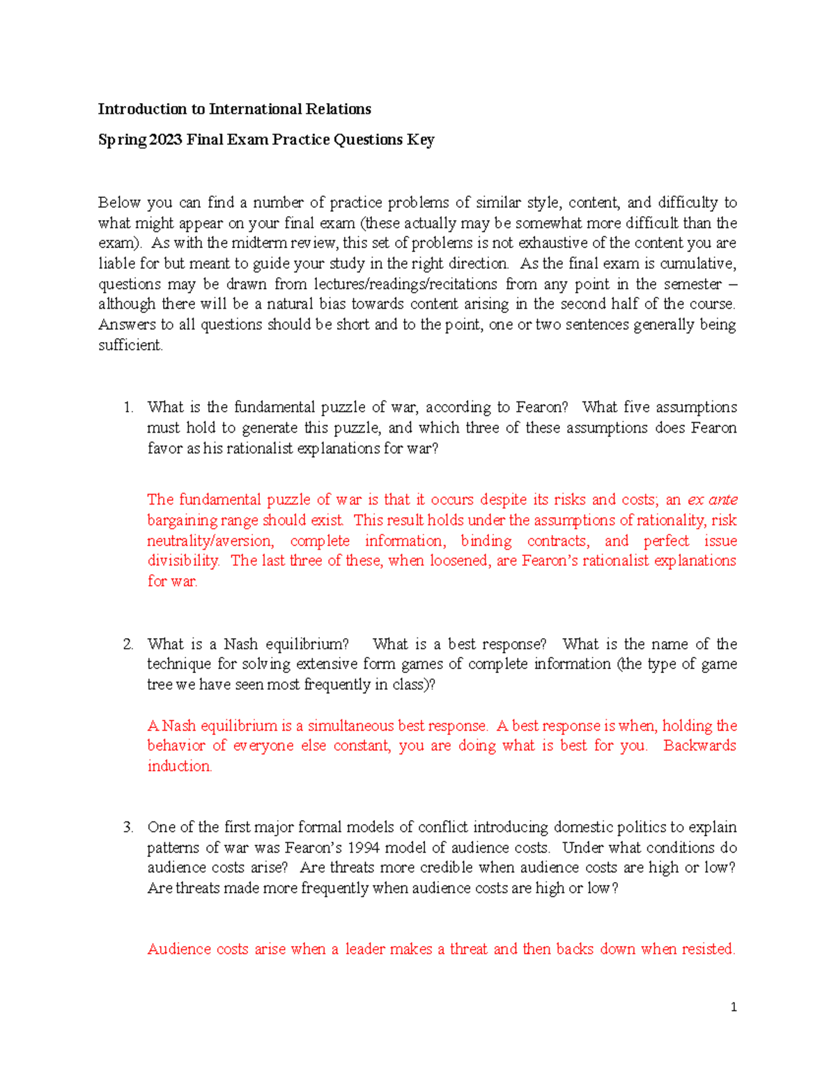 Final Exam Review Key - Introduction to International Relations Spring ...