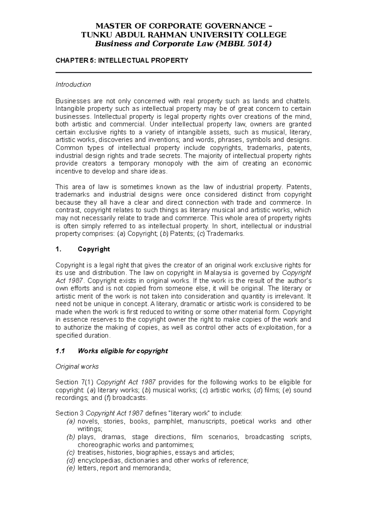 Business & Corporate Law - Chapter 5 - TUNKU ABDUL RAHMAN UNIVERSITY ...