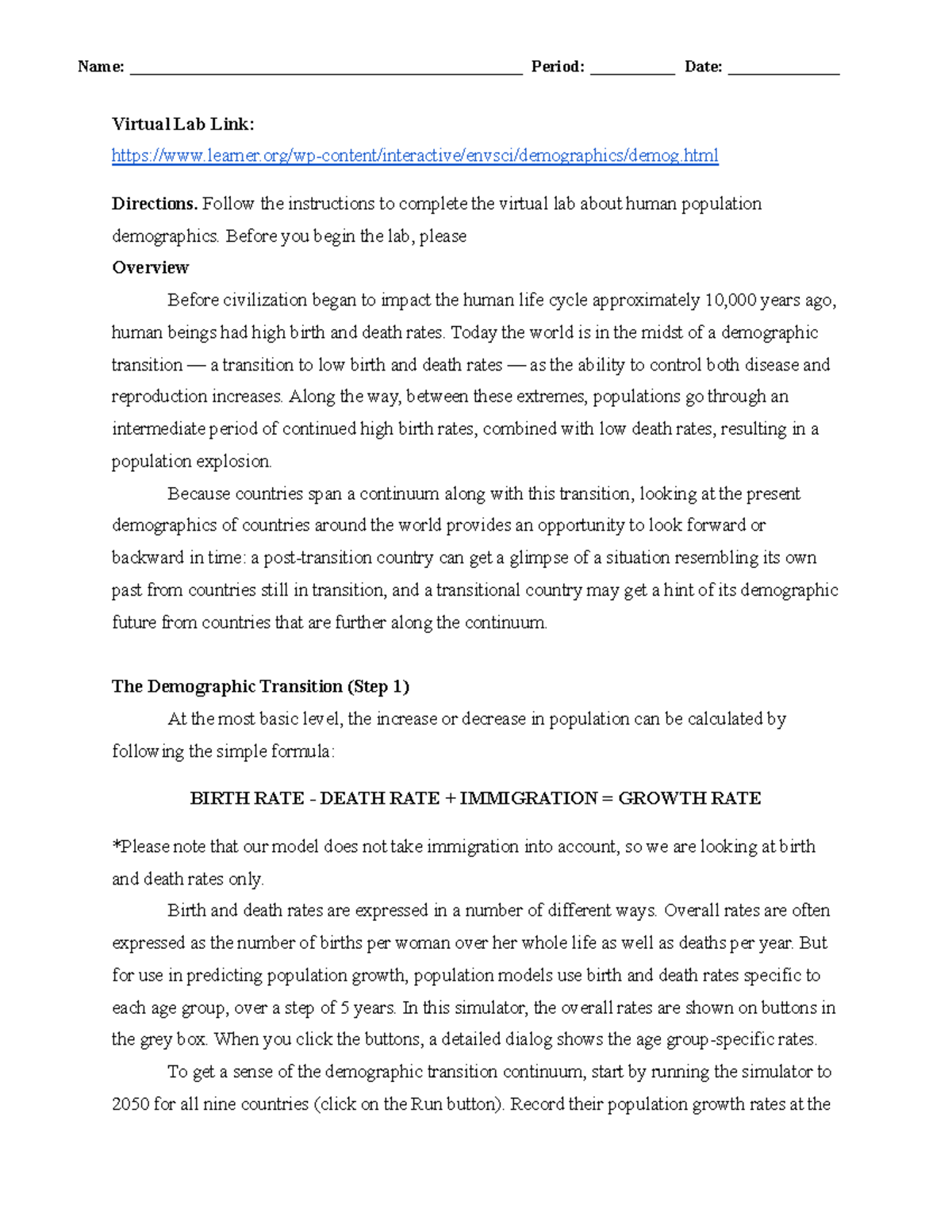 Human Population Virtual Lab - Name ...