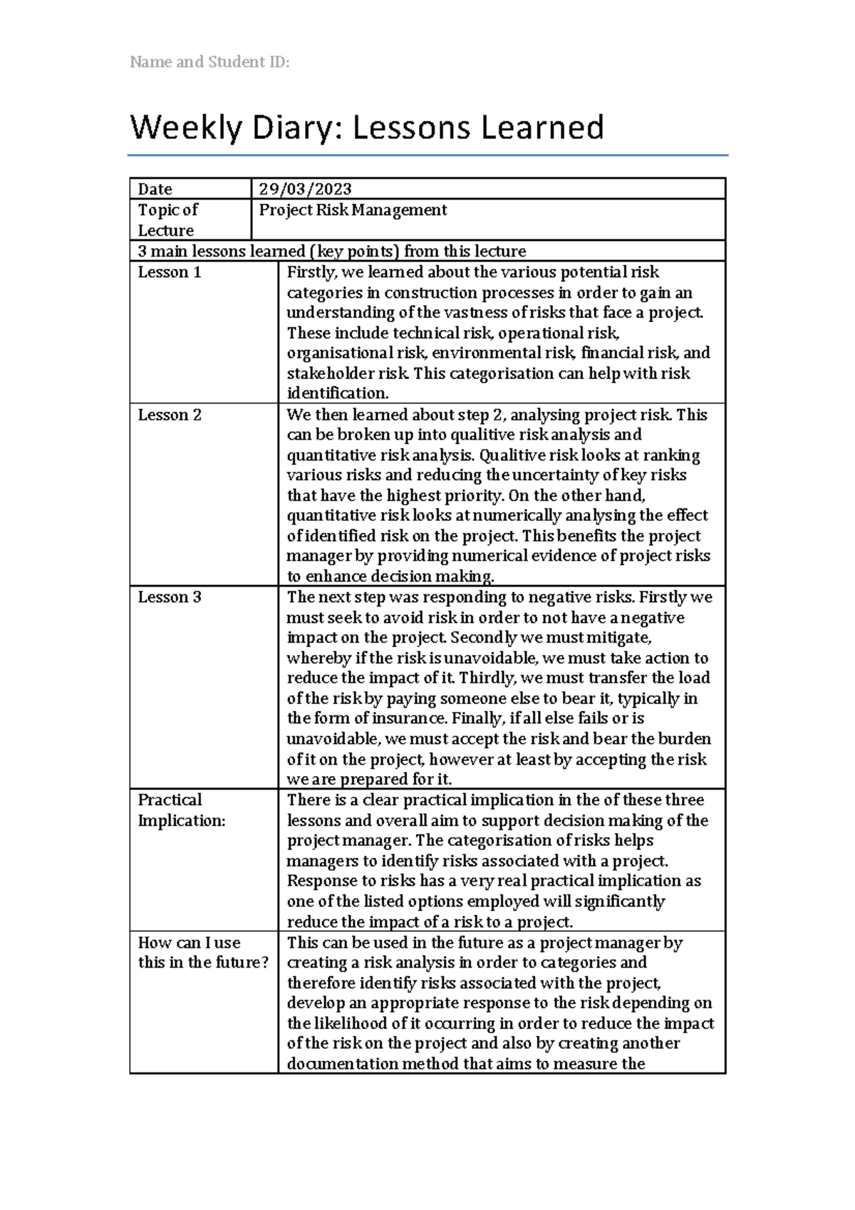 CPMP Diary week 6-10 - Weekly Diary: Lessons Learned Date 29/03/ Topic ...