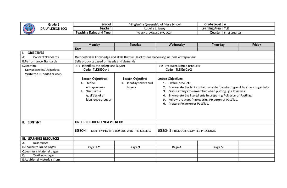 DLL TLE Q1 W3-W4 - dll - Grade 6 DAILY LESSON LOG School Minglanilla ...