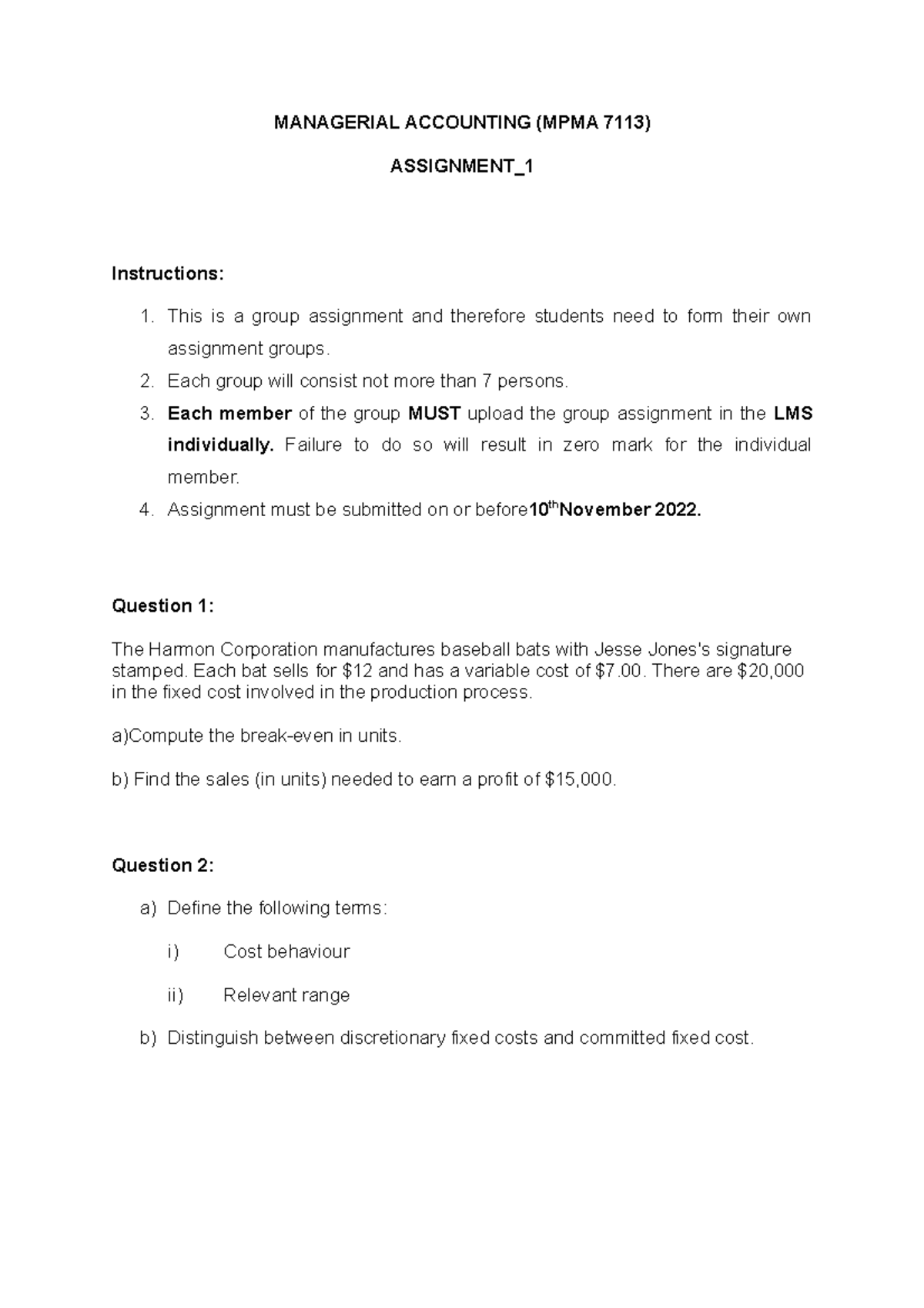Assignment 1 Friday 202209 - MANAGERIAL ACCOUNTING (MPMA 7113 ...