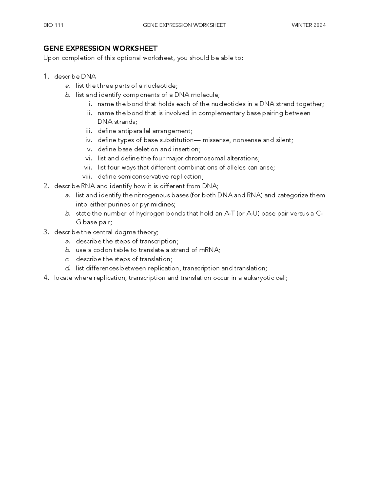 Gene expression worksheet - GENE EXPRESSION WORKSHEET ####### Upon completion of this optional ...