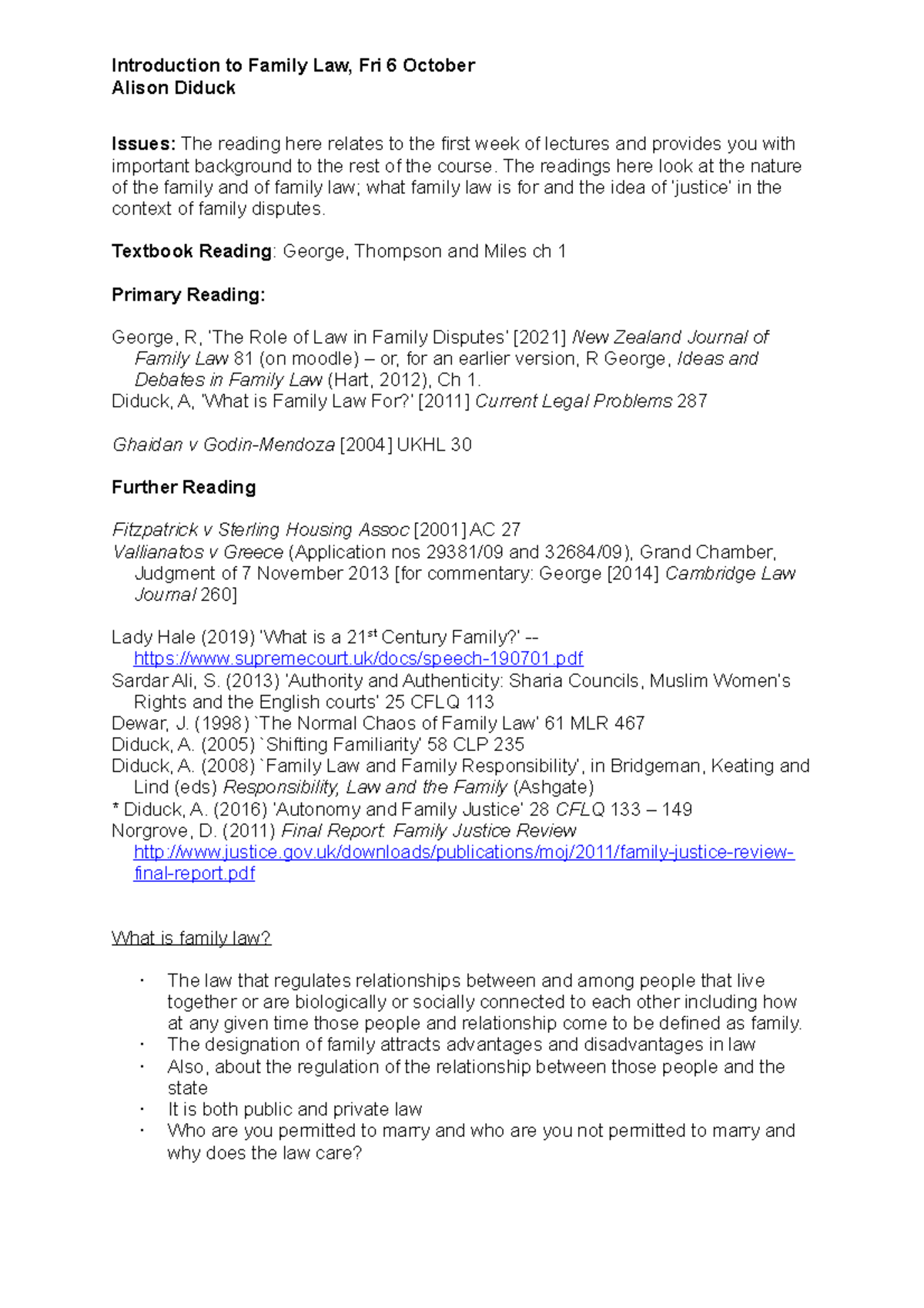 Lecture Notes Introduction to Family Law - Alison Diduck Issues: The ...