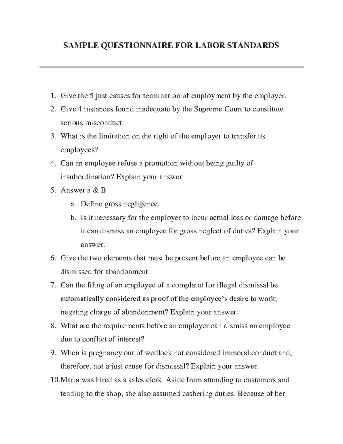 Sample Exercises for Labor Standards - SAMPLE QUESTIONNAIRE FOR LABOR ...