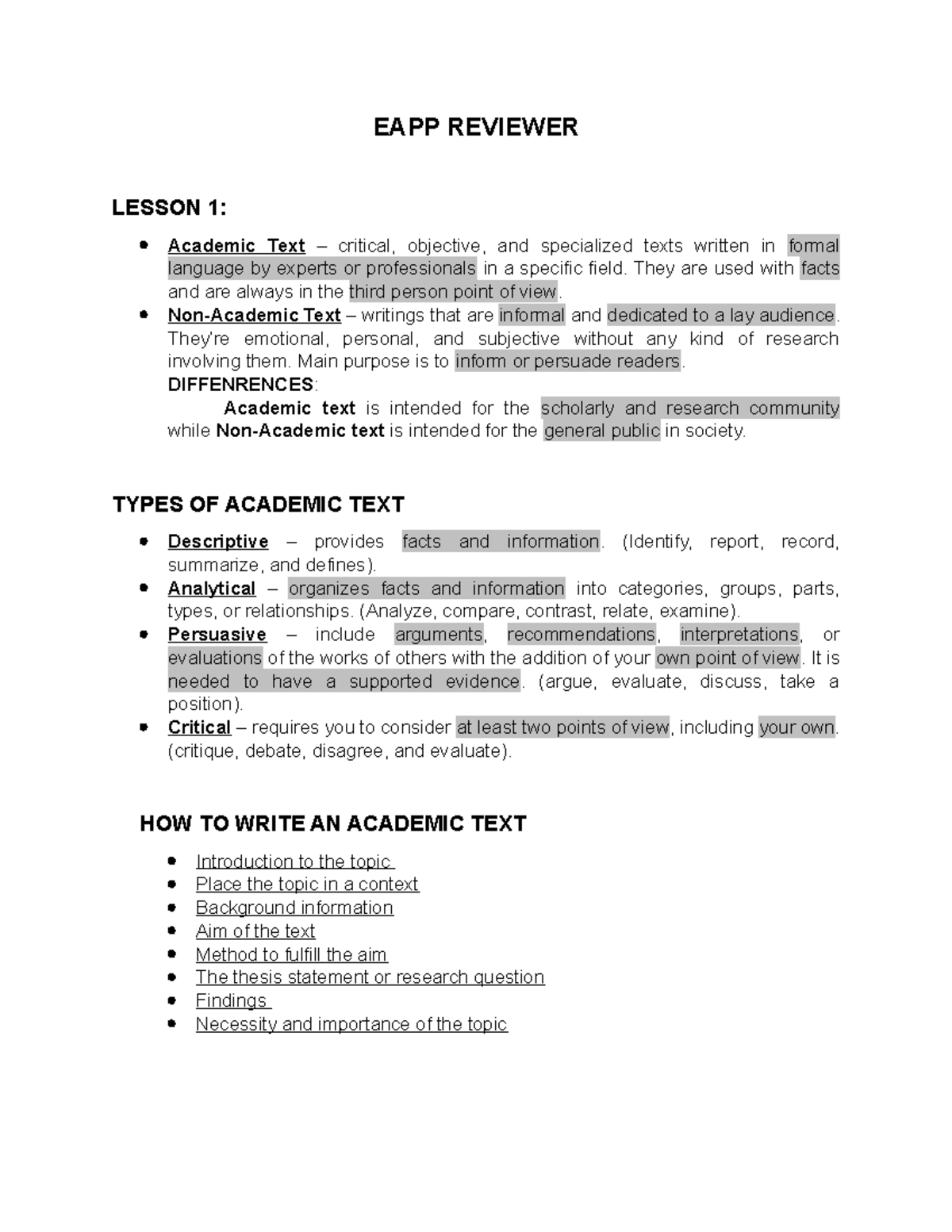 EAPP- Reviewer-prelims - EAPP REVIEWER LESSON 1: Academic Text – critical, objective, and - Studocu