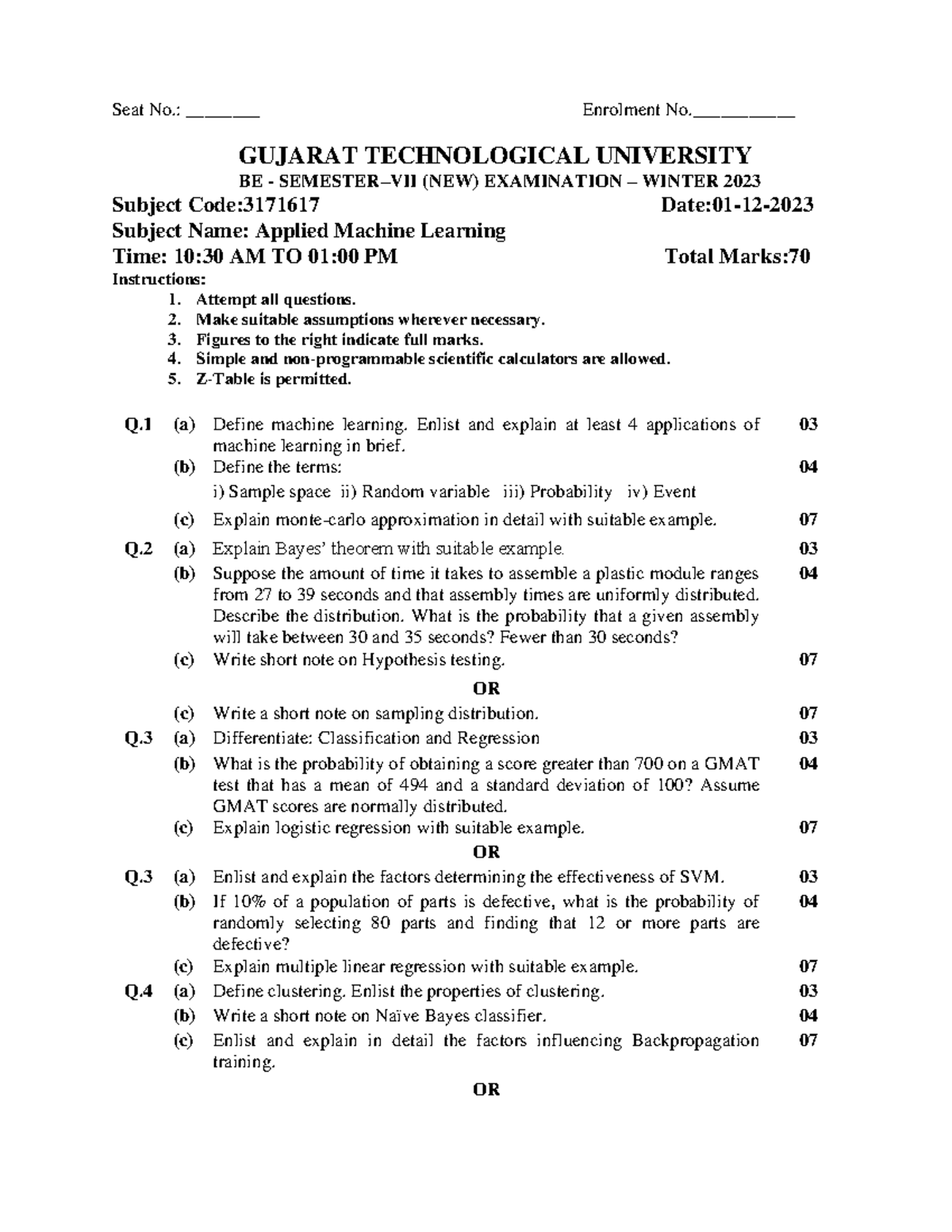 AML GTU Question Papers Winter 2023 - Seat No.: ________ Enrolment No ...