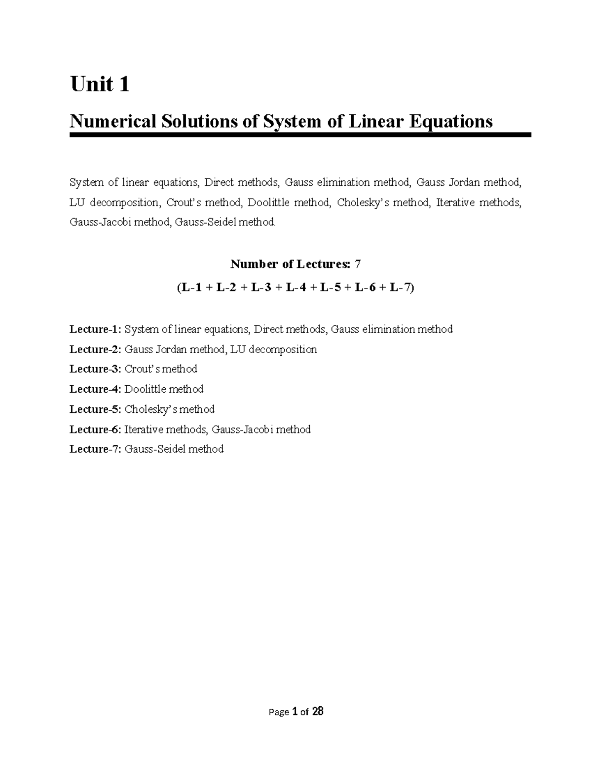 1 System of Linear Equations - Unit 1 Numerical Solutions of System of ...