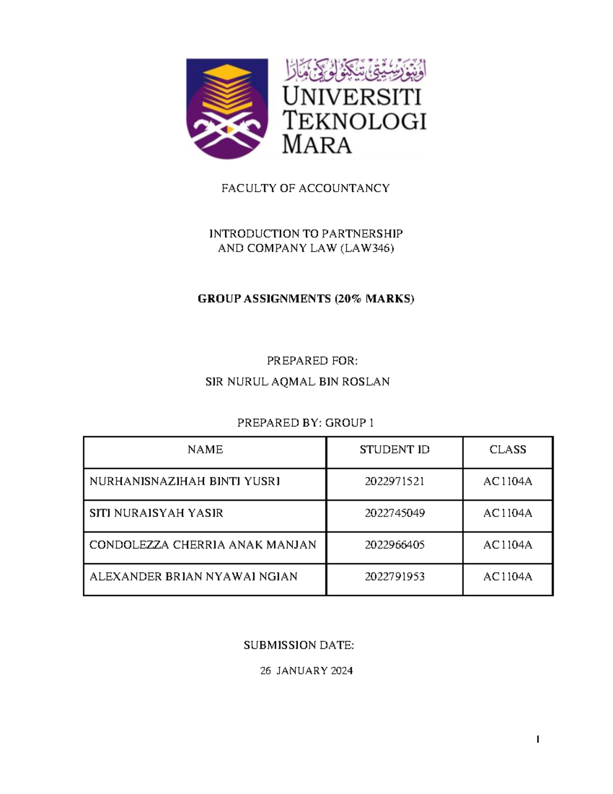 Group Assignment LAW346 - FACULTY OF ACCOUNTANCY INTRODUCTION TO ...