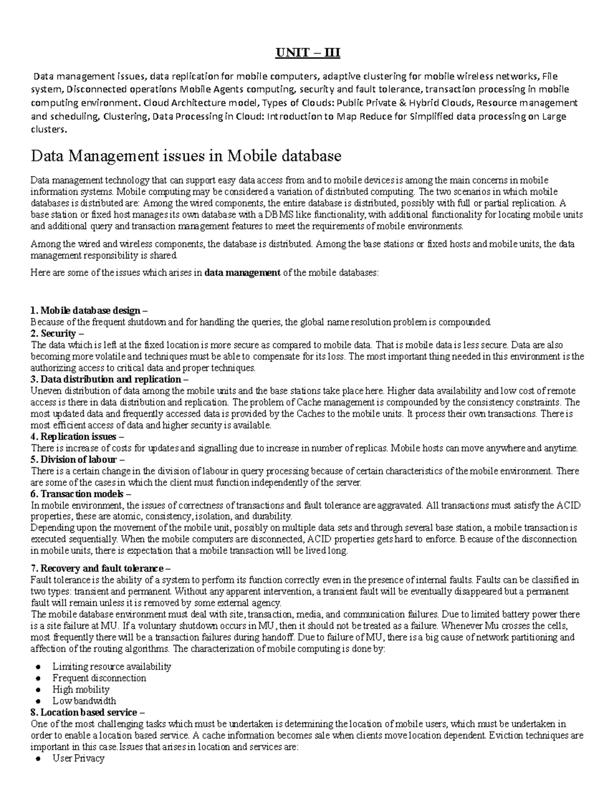 Mobile Computing UNIT-3 - UNIT – III Data management issues, data replication for mobile ...