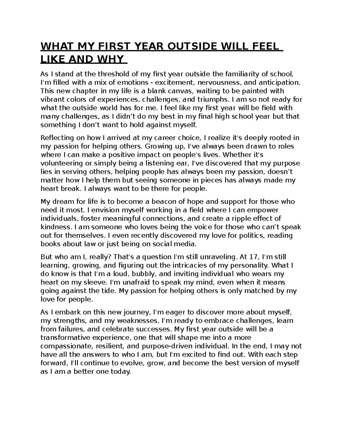 LO Essay - life after highschool - WHAT MY FIRST YEAR OUTSIDE WILL FEEL ...