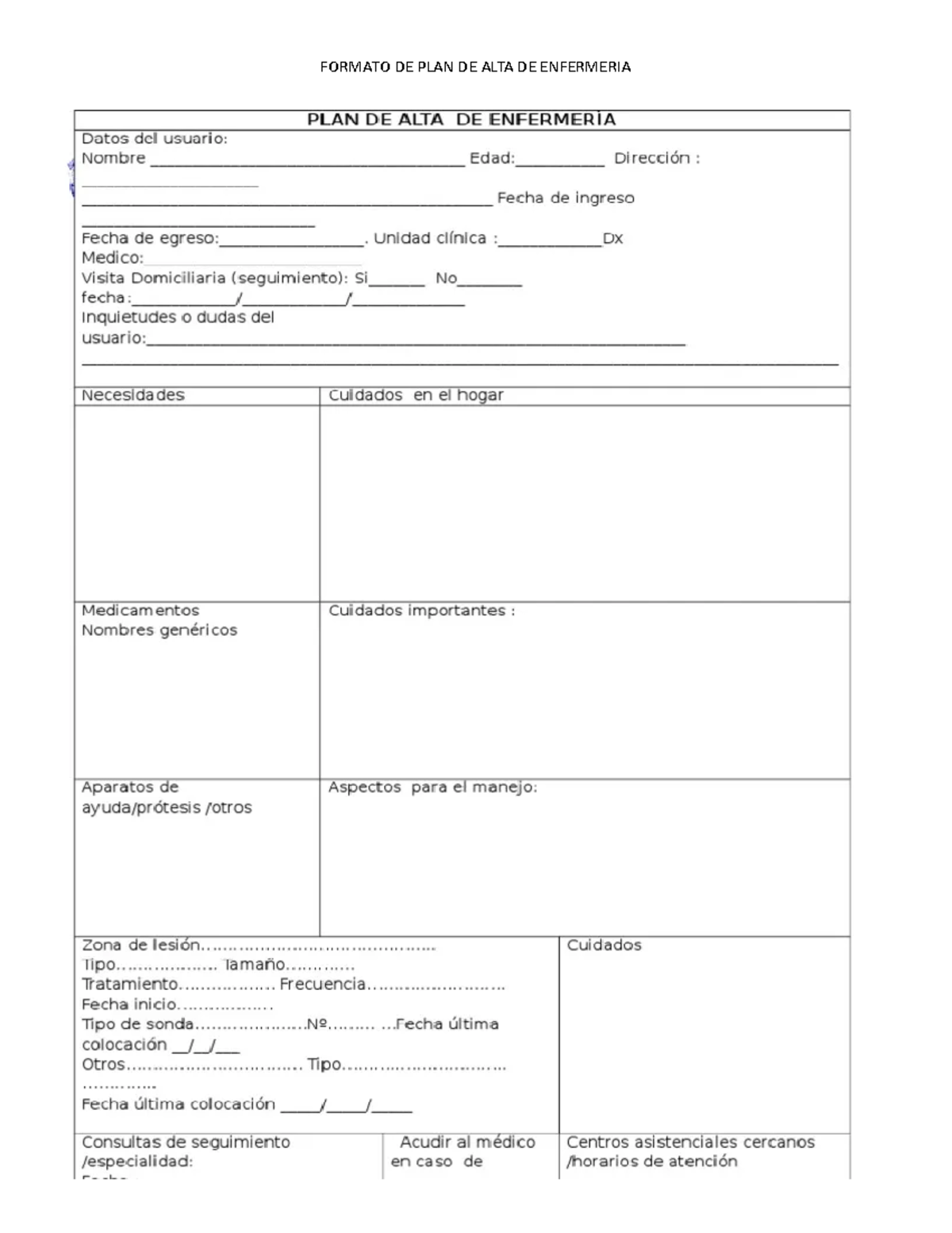 Formato para el PLAN DE ALTA - enfermeria - FORMATO DE PLAN DE ALTA DE ...
