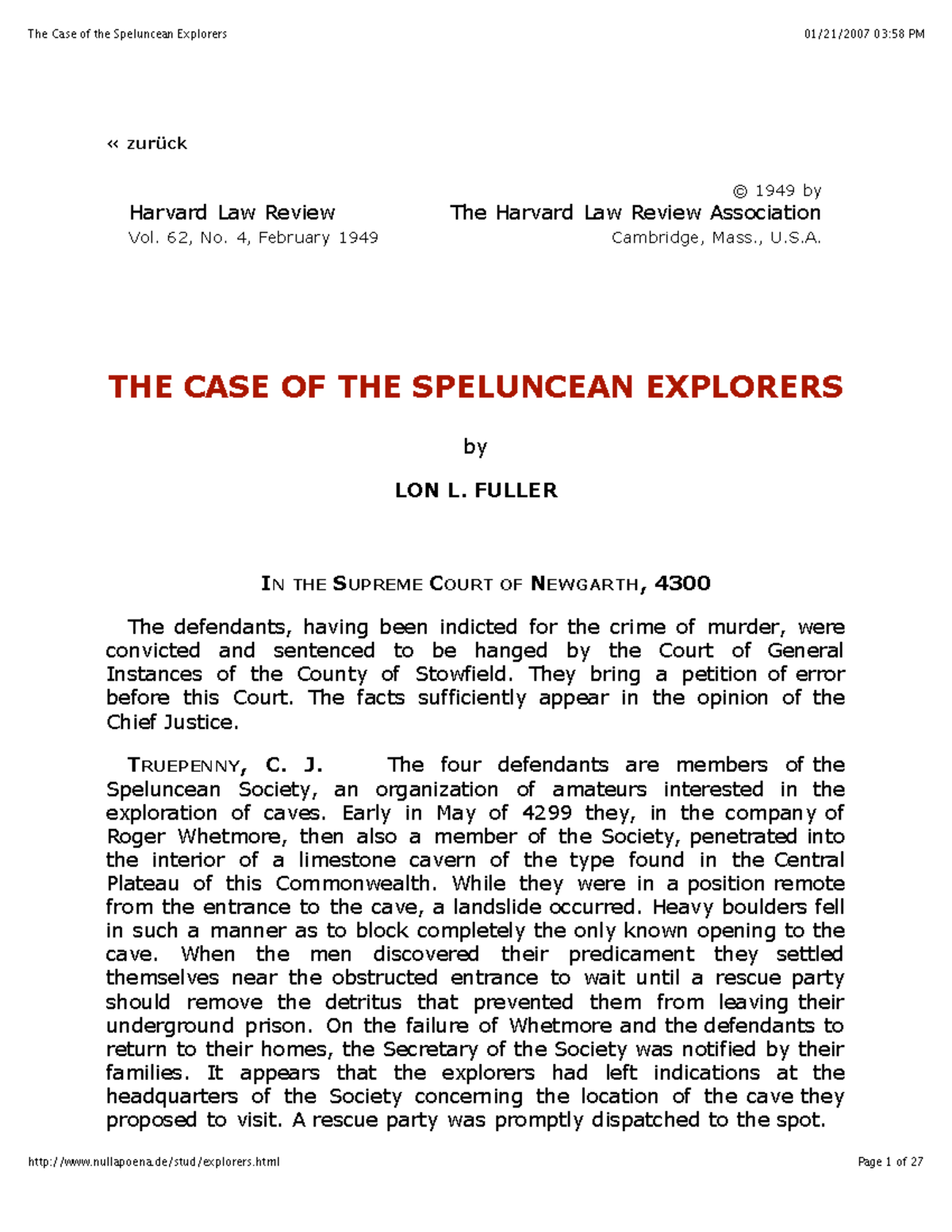 The Case Of The Speluncean Explorers - « zurück Harvard Law Review Vol ...