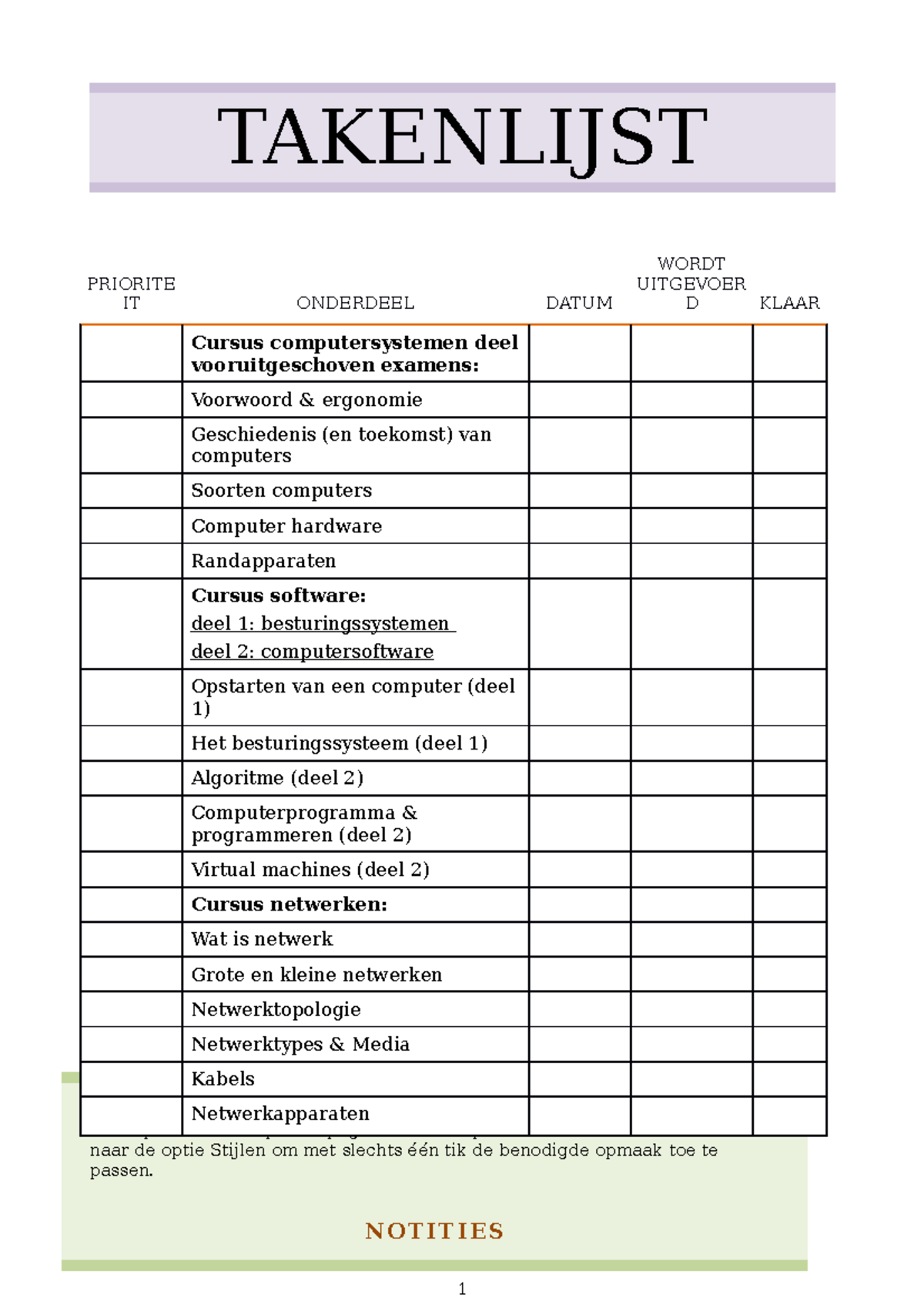 Vakplanner CS - onderdelen cs - TAKENLIJST Stijlen in dit document zijn ...