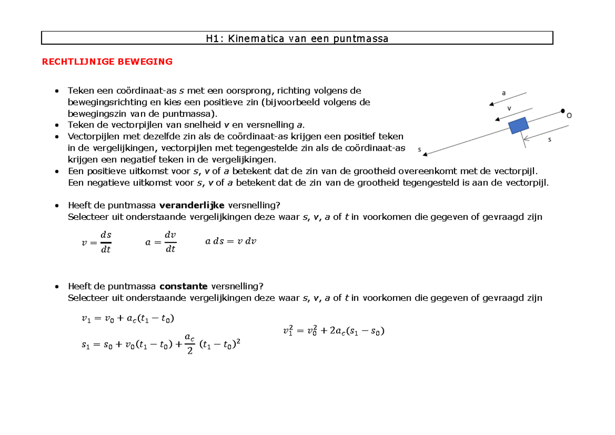 Overzicht theorie H1 om oefeningen te maken - H 1 : Kinematica van een ...