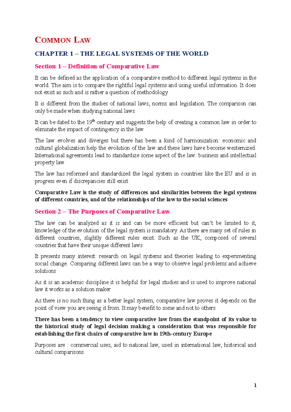 Common law - cours - COMMON LAW CHAPTER 1 – THE LEGAL SYSTEMS OF THE ...