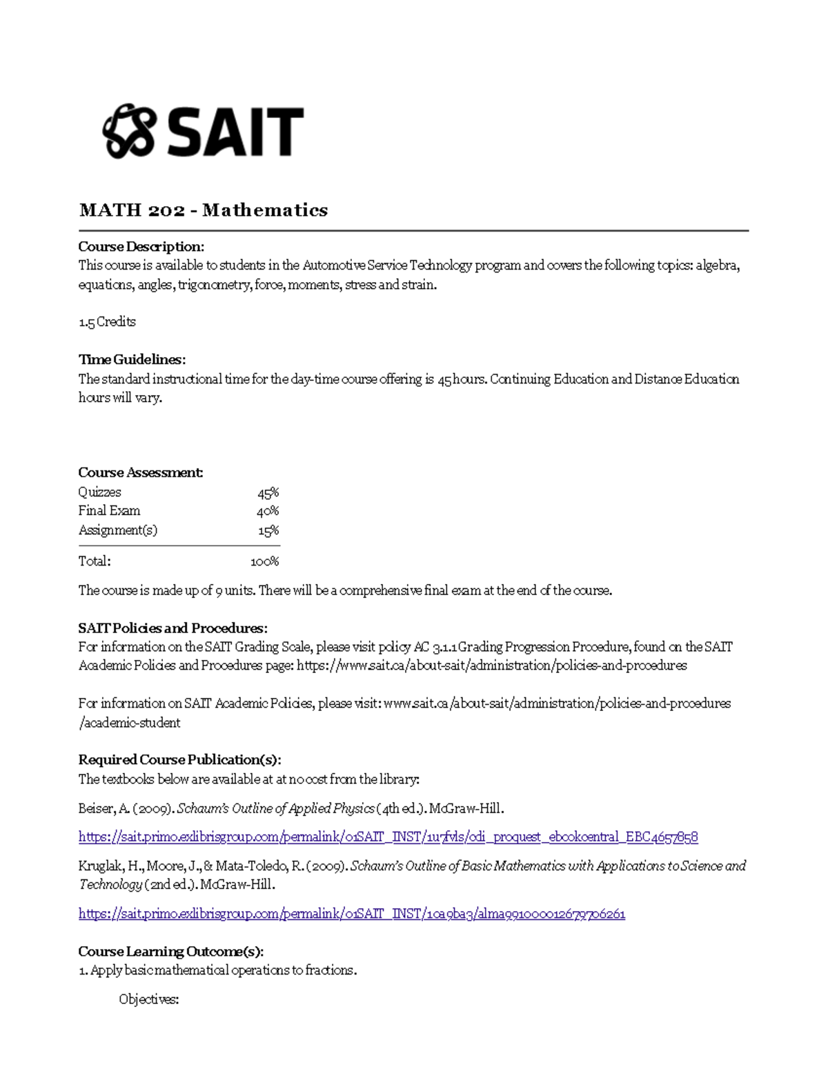 MATH202 Course Outline - MATH 202 - Mathematics Course Description ...