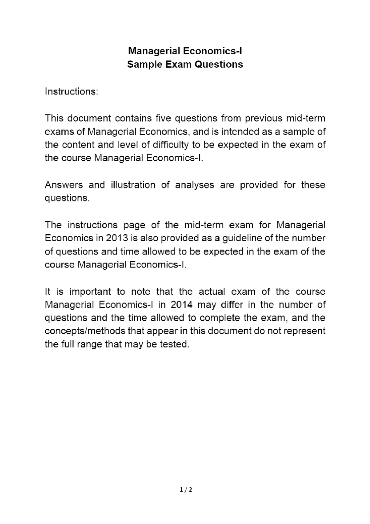 Managerial Economics-I Sample Exam Questions Instructions This - ECON ...