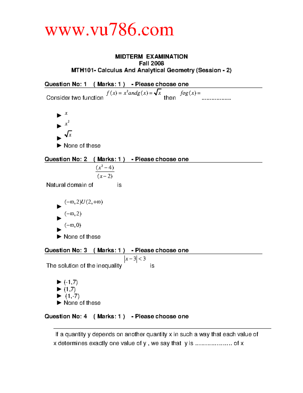MTH101 Mid Term Past Paper BY Asfand YARR (13) - MIDTERM EXAMINATION Fall 2008 MTH101- Calculus ...